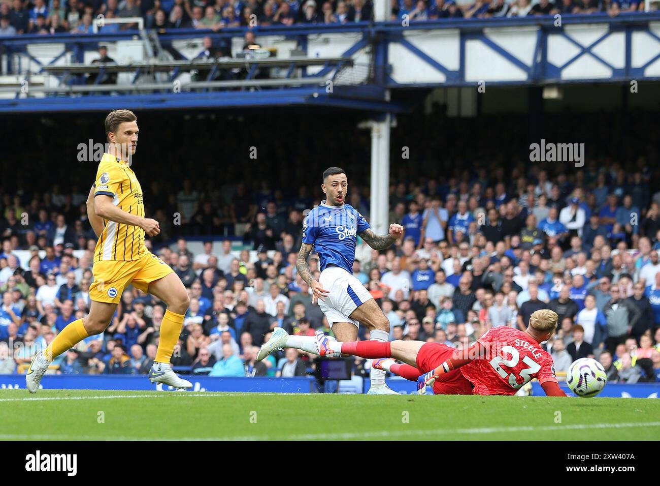 Liverpool, UK. 17th Aug, 2024. Dwight McNeil of Everton tries a shot ...