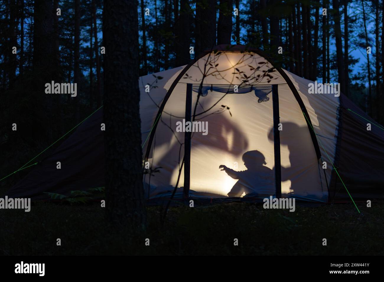 Silhouettes of children playing in camping tent at night making shadow ...