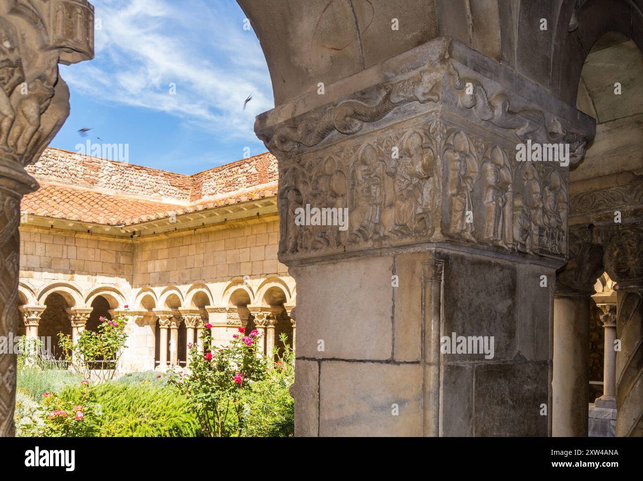 Pillar capital detail Cloister of Romanesque cathedral of Sainte ...