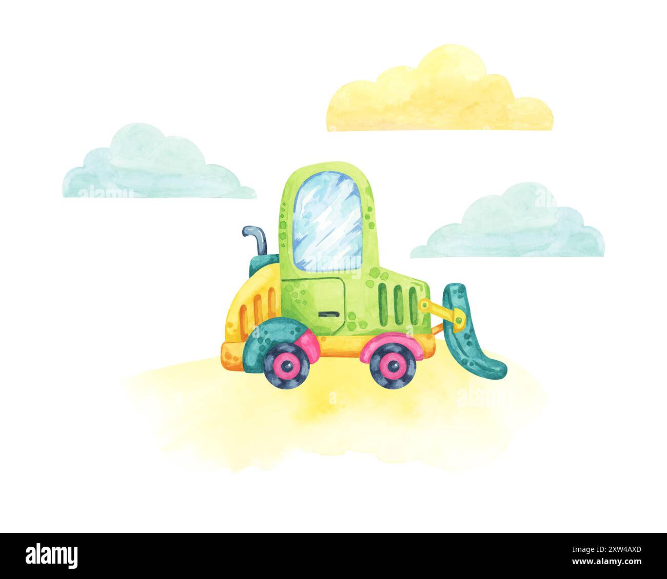 Green bulldozer with pink wheels with blue and yellow clouds in the ...
