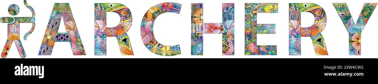 Hand-painted art design. Hand drawn illustration word ARCHERY with ...