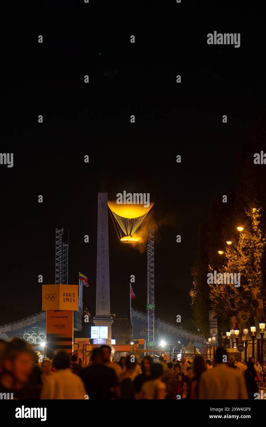 Paris, France - Aug 10, 2024: Distant view of Olympic Flame Balloon at ...