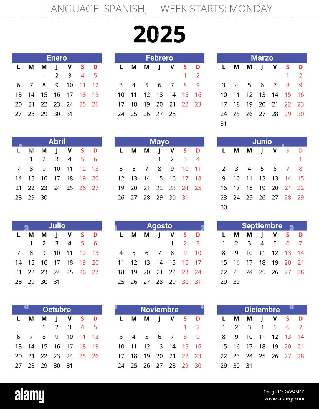 2025 vertical spanish calendars. Printable vector illustration for ...