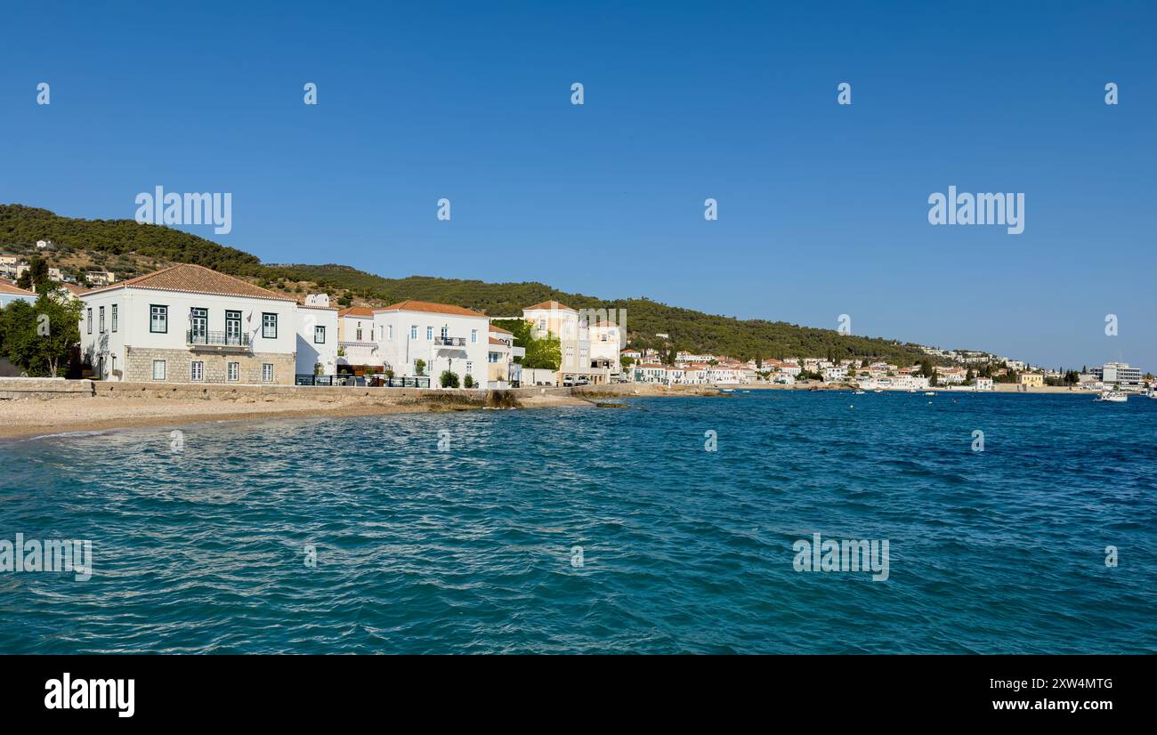 Spetses island, Greece. Seafront neoclassical buildings, old historic ...