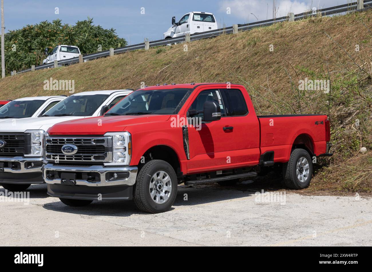 Milwaukee - August 14, 2024: Ford F-250 SRW 4X4 Supercab Pickup Truck display. Ford offers the ...