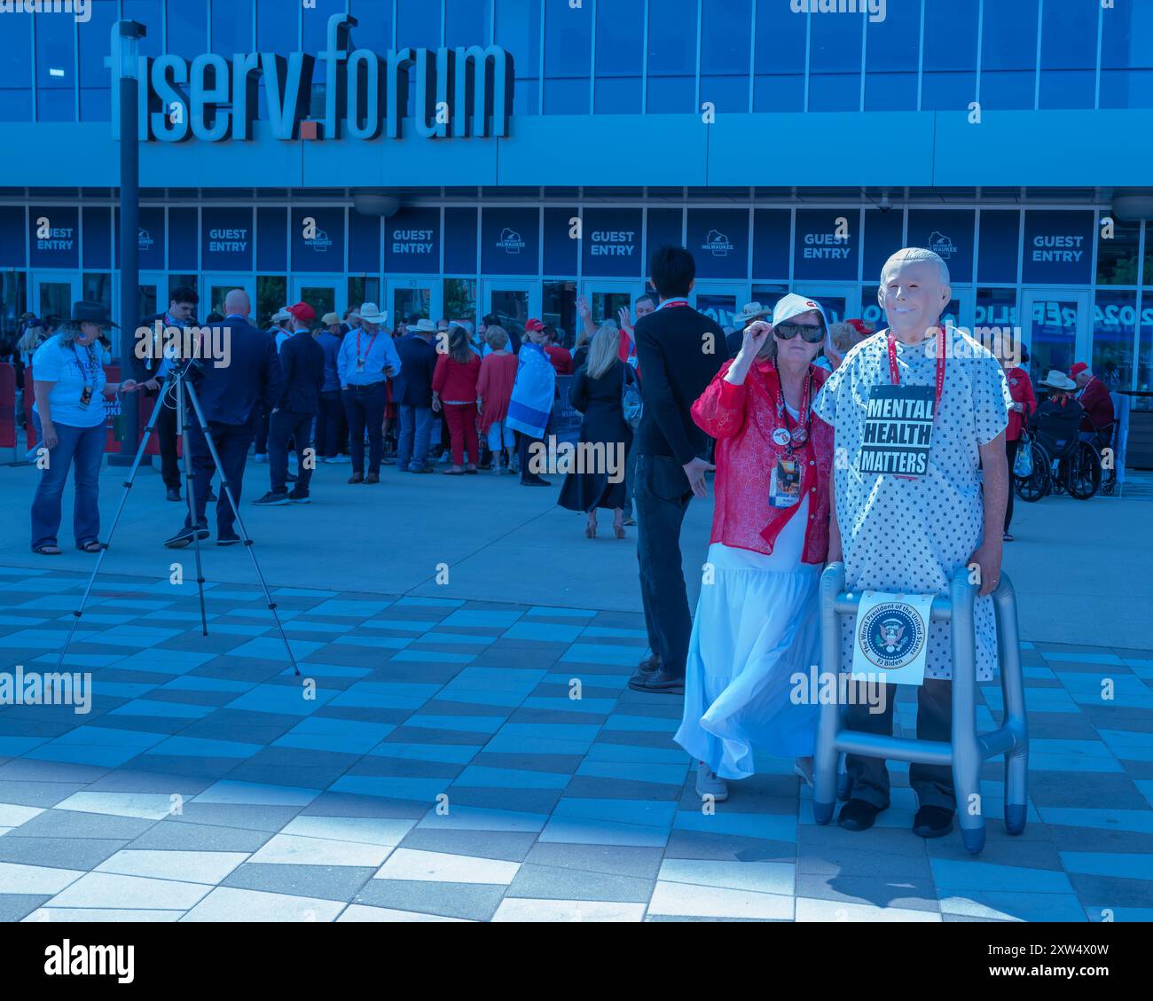 MILWAUKEE, Wis. – July 18, 2024: People gather outside the Fiserv Forum ...