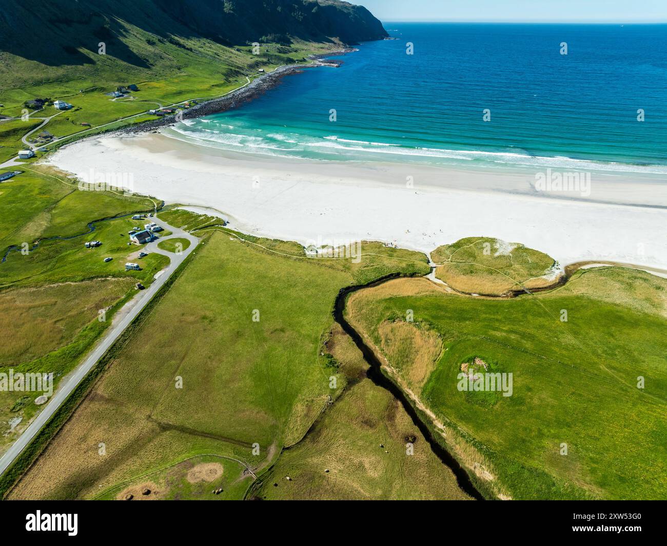 Sandy beach Reviksanden and small campsite at Revik, Vestland, Norway ...