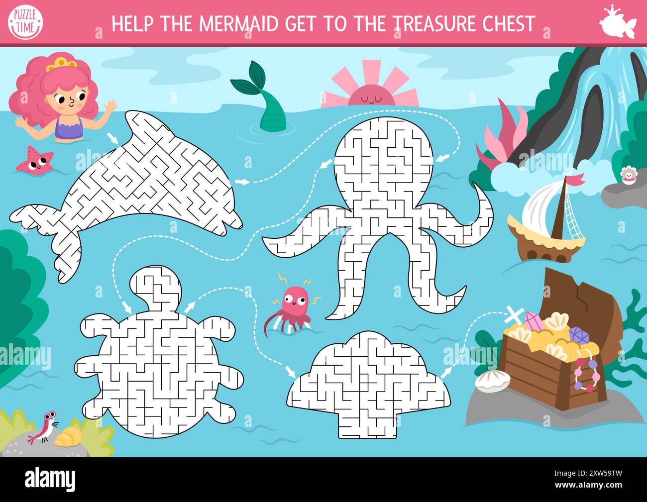 Mermaid maze for kids with geometrical dolphin, octopus, turtle ...