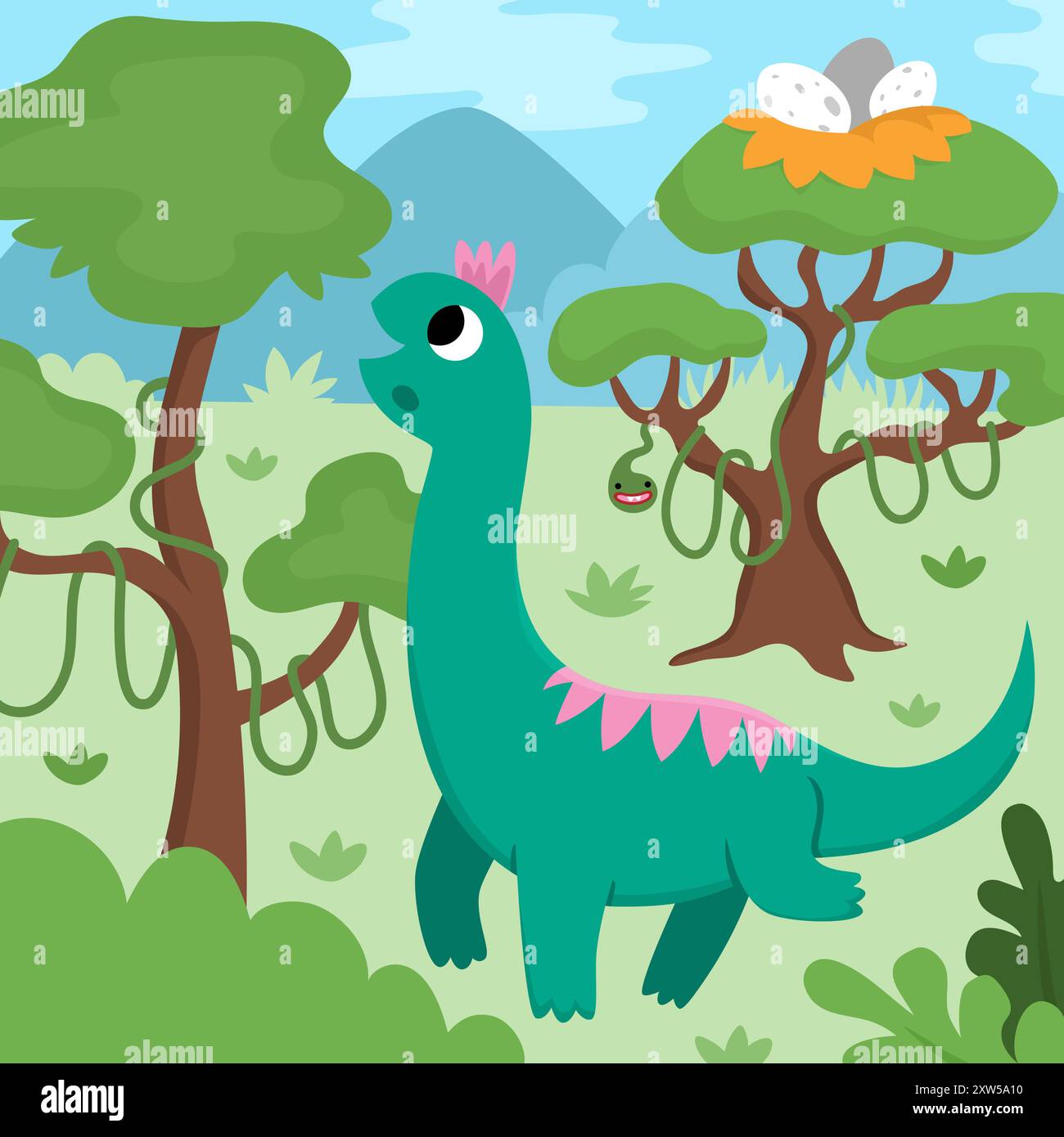 Vector square scene with brachiosaur eating leaves from high tree ...