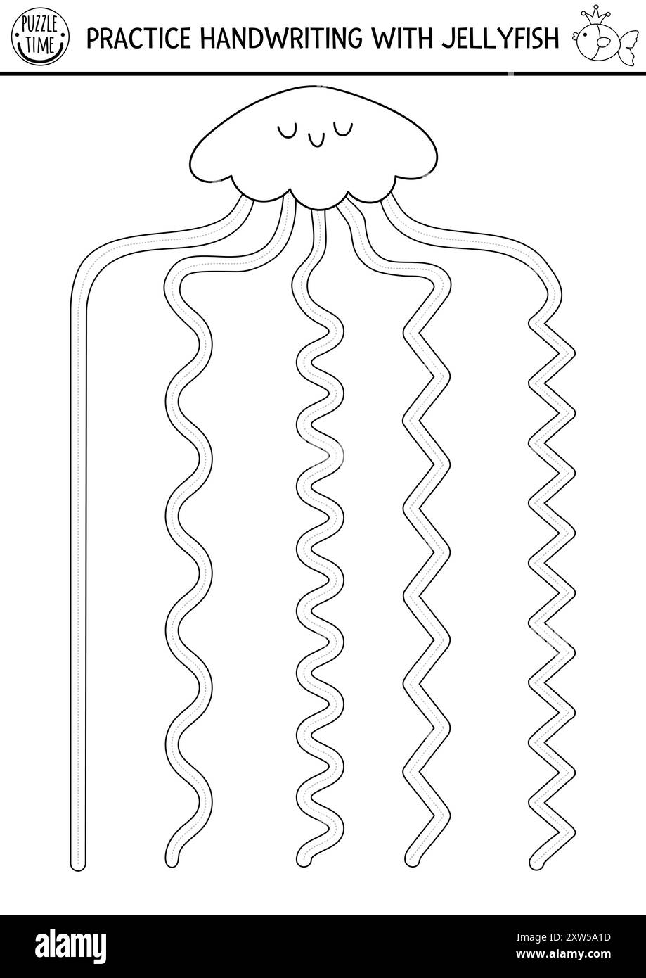 Vector handwriting practice worksheet with jellyfish and dashed line in ...
