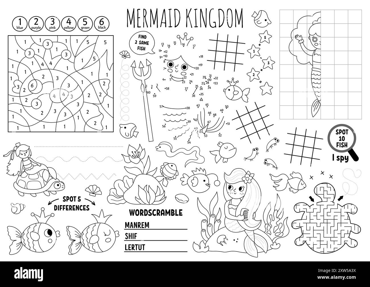 Vector mermaid placemat for kids. Ocean kingdom printable activity mat ...