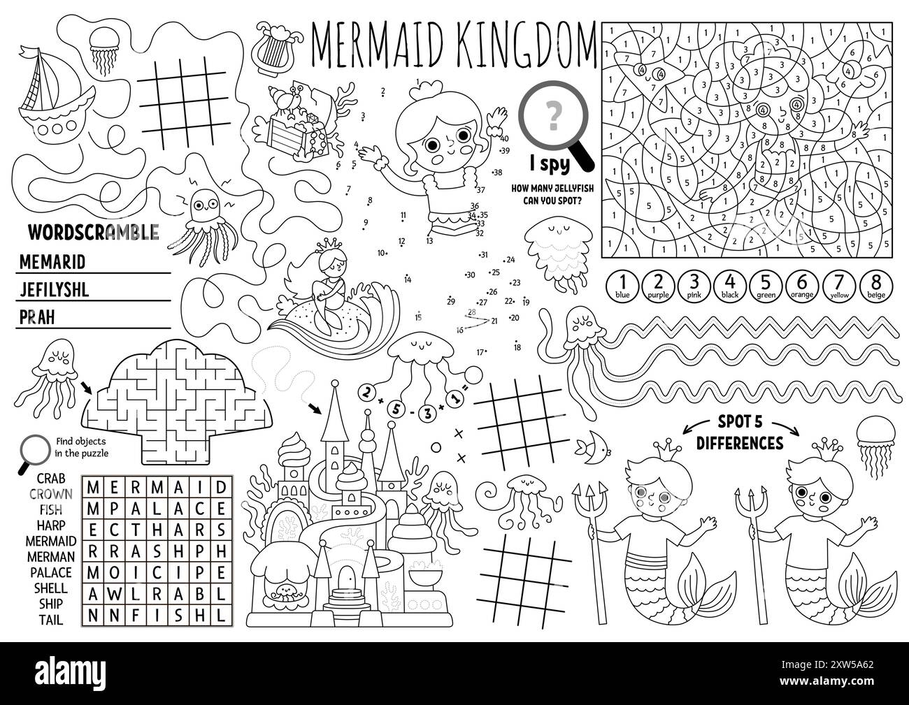 Vector mermaid placemat for kids. Ocean kingdom printable activity mat ...