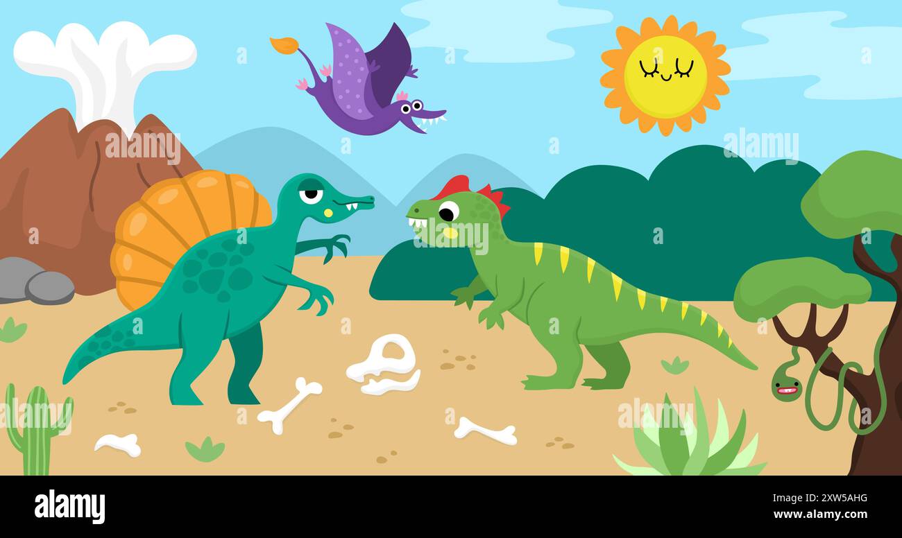 Vector horizontal scene with allosaurus and spinosaurus in the desert ...