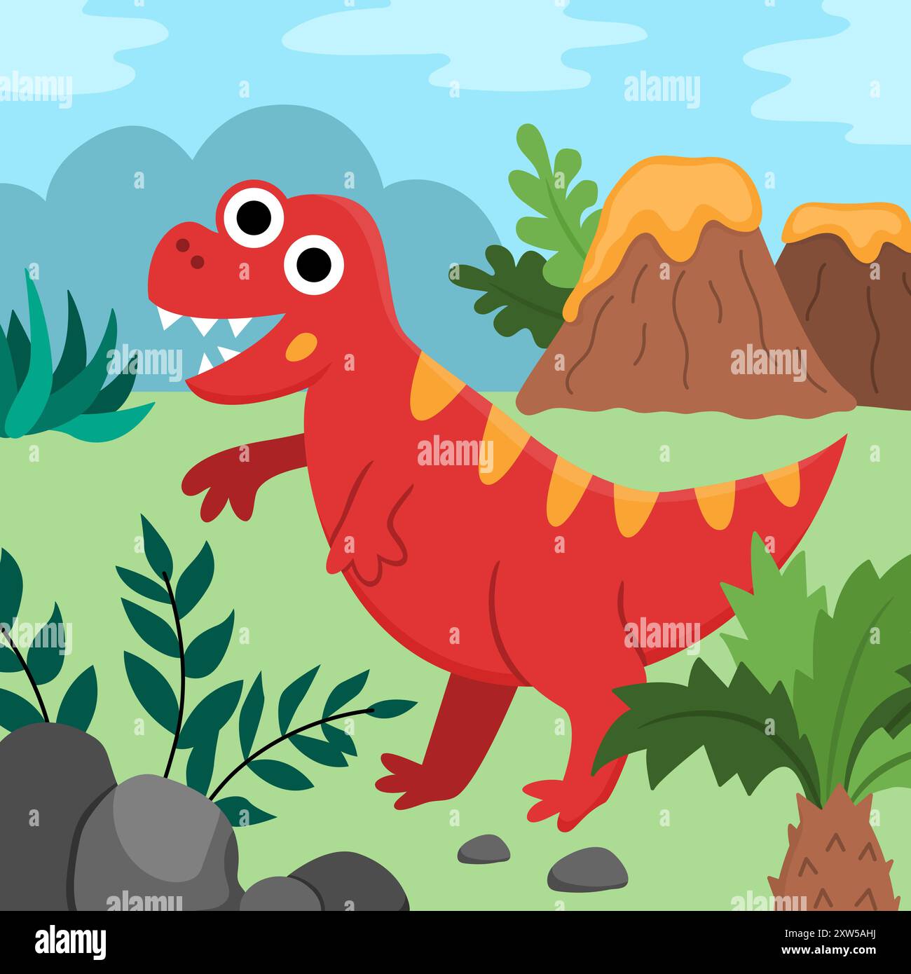 Vector square scene with Tyrannosaurus Rex. Dinosaur landscape illustration. Cute prehistoric ...