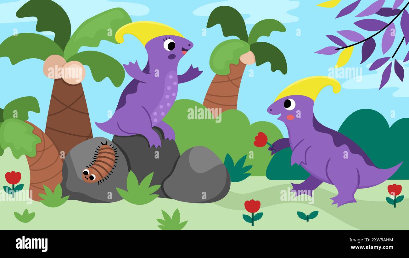 Vector horizontal scene with parasaurolophus bringing flower to his ...