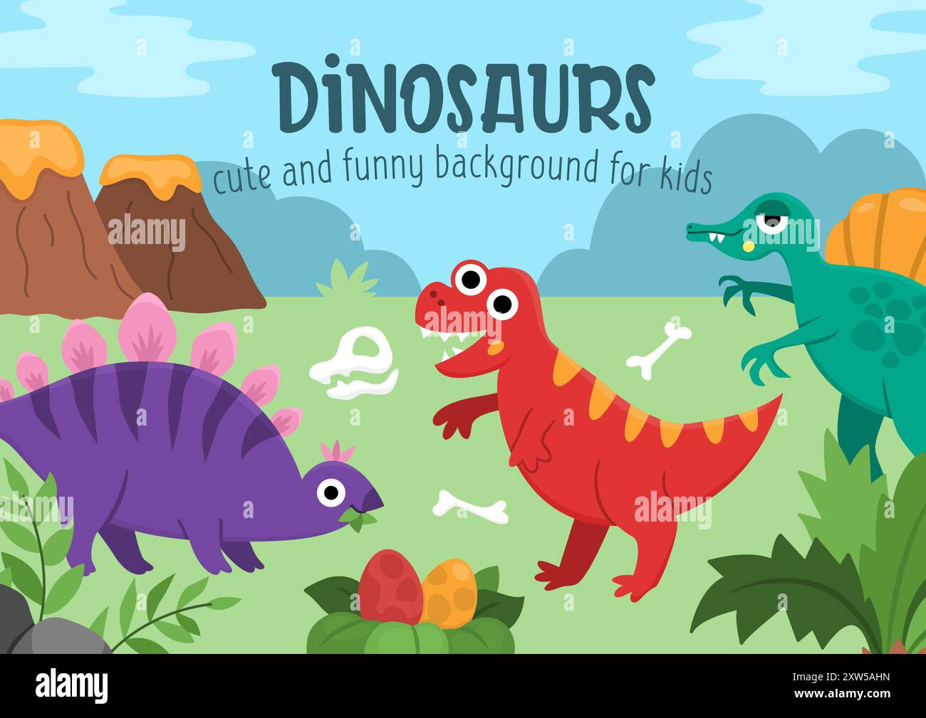 Vector horizontal scene with dinosaurs. Ancient period landscape ...