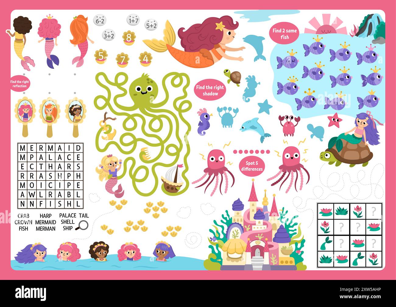 Vector mermaid placemat for children. Ocean kingdom printable activity ...