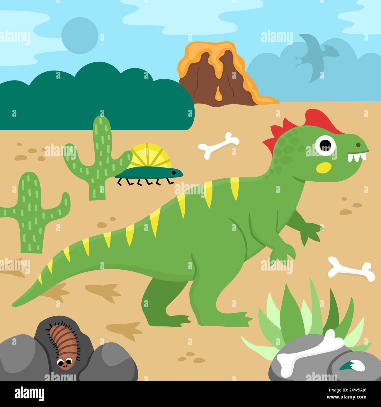 Vector square scene with allosaurus. Dinosaur landscape illustration ...