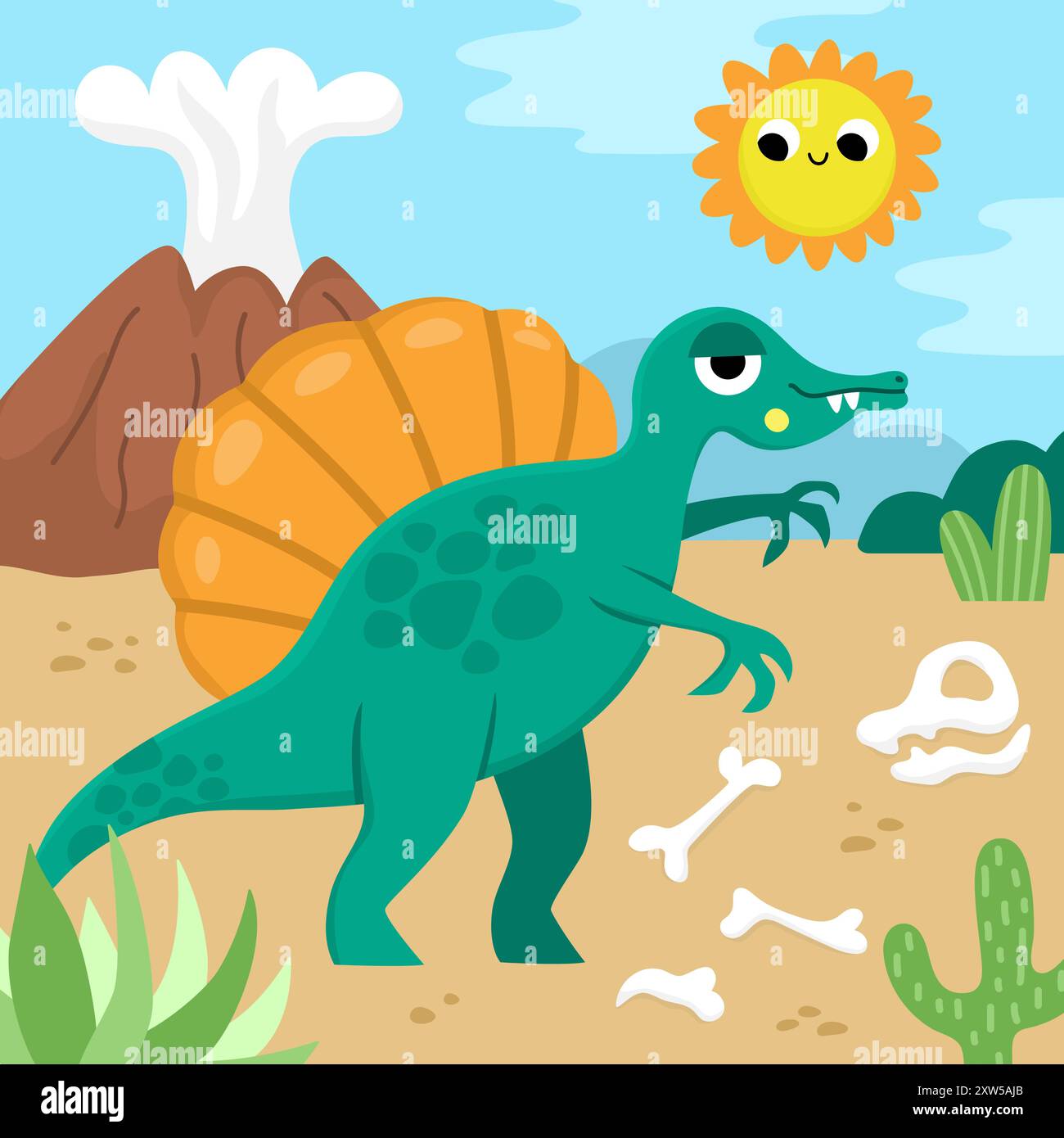 Vector square scene with spinosaurus. Dinosaur landscape illustration ...