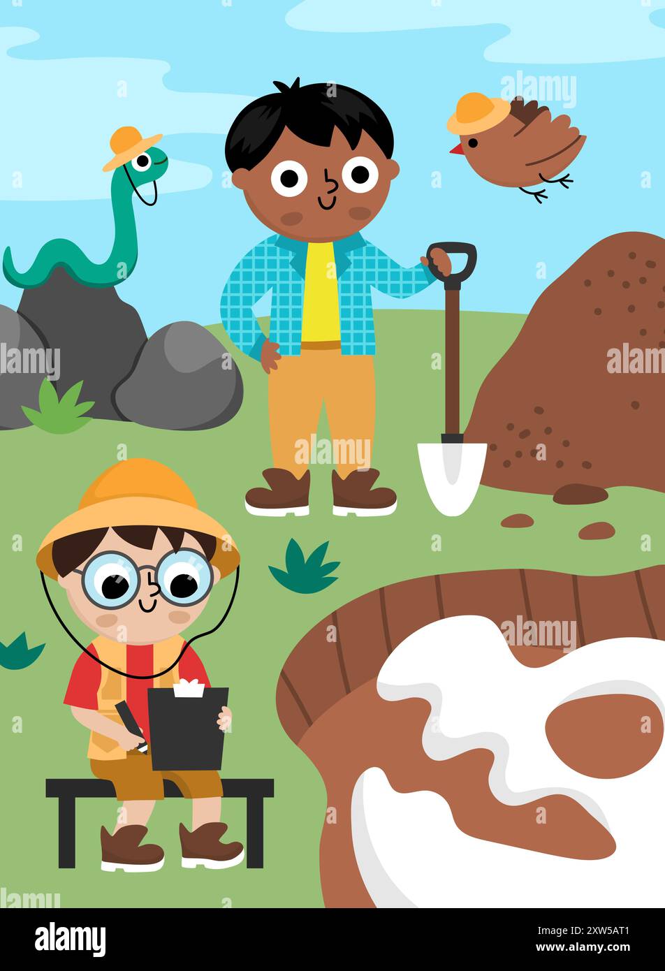 Vector landscape illustration with paleontologists digging dinosaurs ...