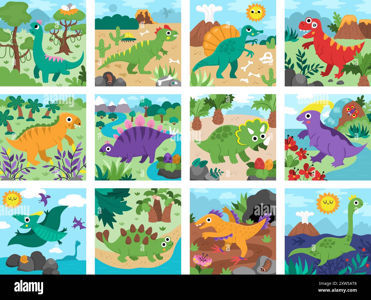 Vector dinosaur square scenes collection Dino landscape illustration ...