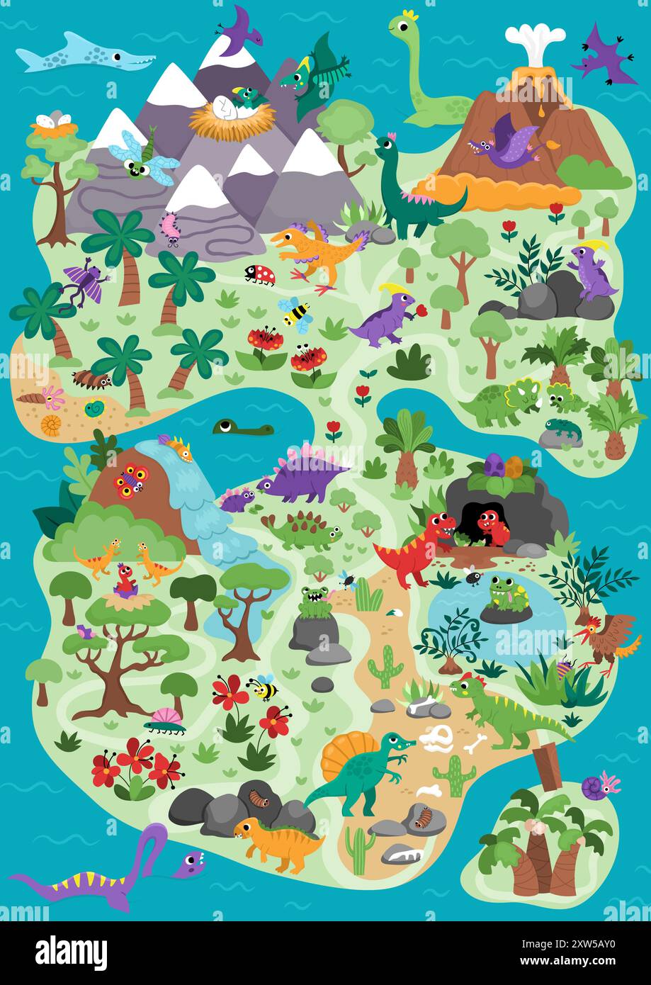 Vector ancient continent map. Dinosaur landscape illustration. Cute ...