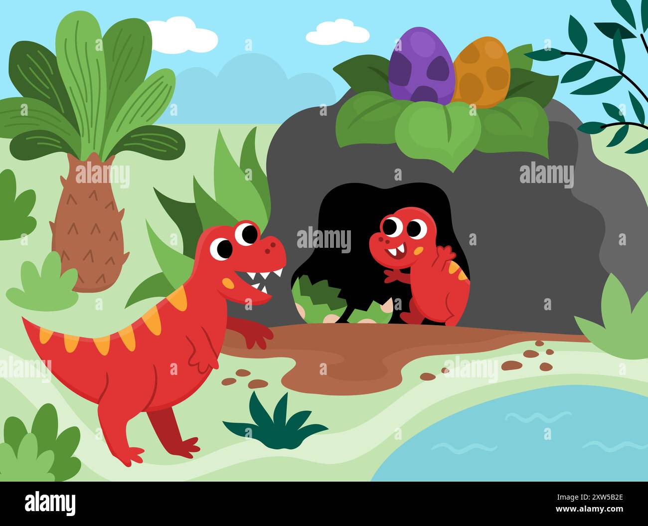 Vector scene with Tyrannosaurus Rex going to cave. Dinosaur landscape ...