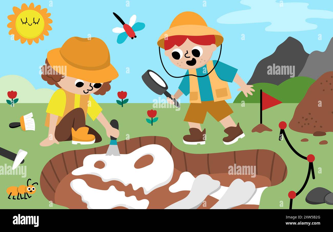 Vector landscape illustration with paleontologists digging dinosaurs ...