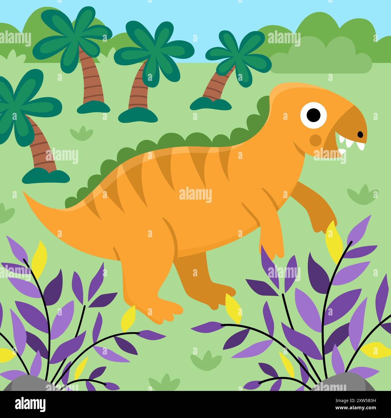 Vector square scene with iguanodon, fern leaves and palm trees ...