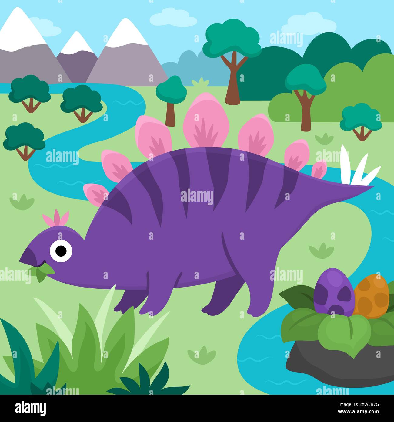 Vector square scene with stegosaur eating leaves. Dinosaur landscape ...