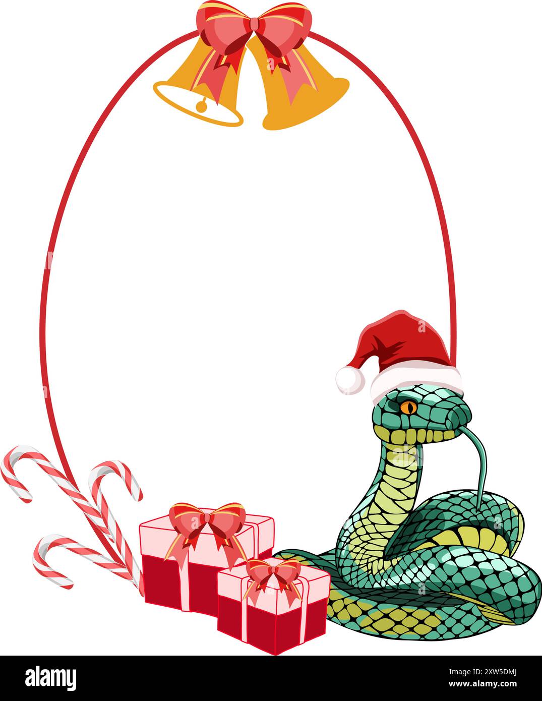 Holiday frame with snake, gifts, candy canes, and bells. Vector ...