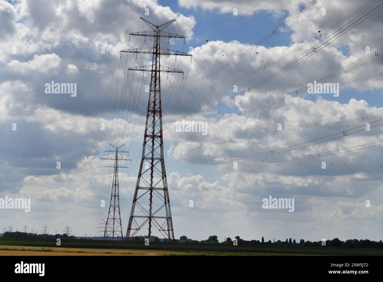 Transmission. High voltage tower with electricity transmission power ...