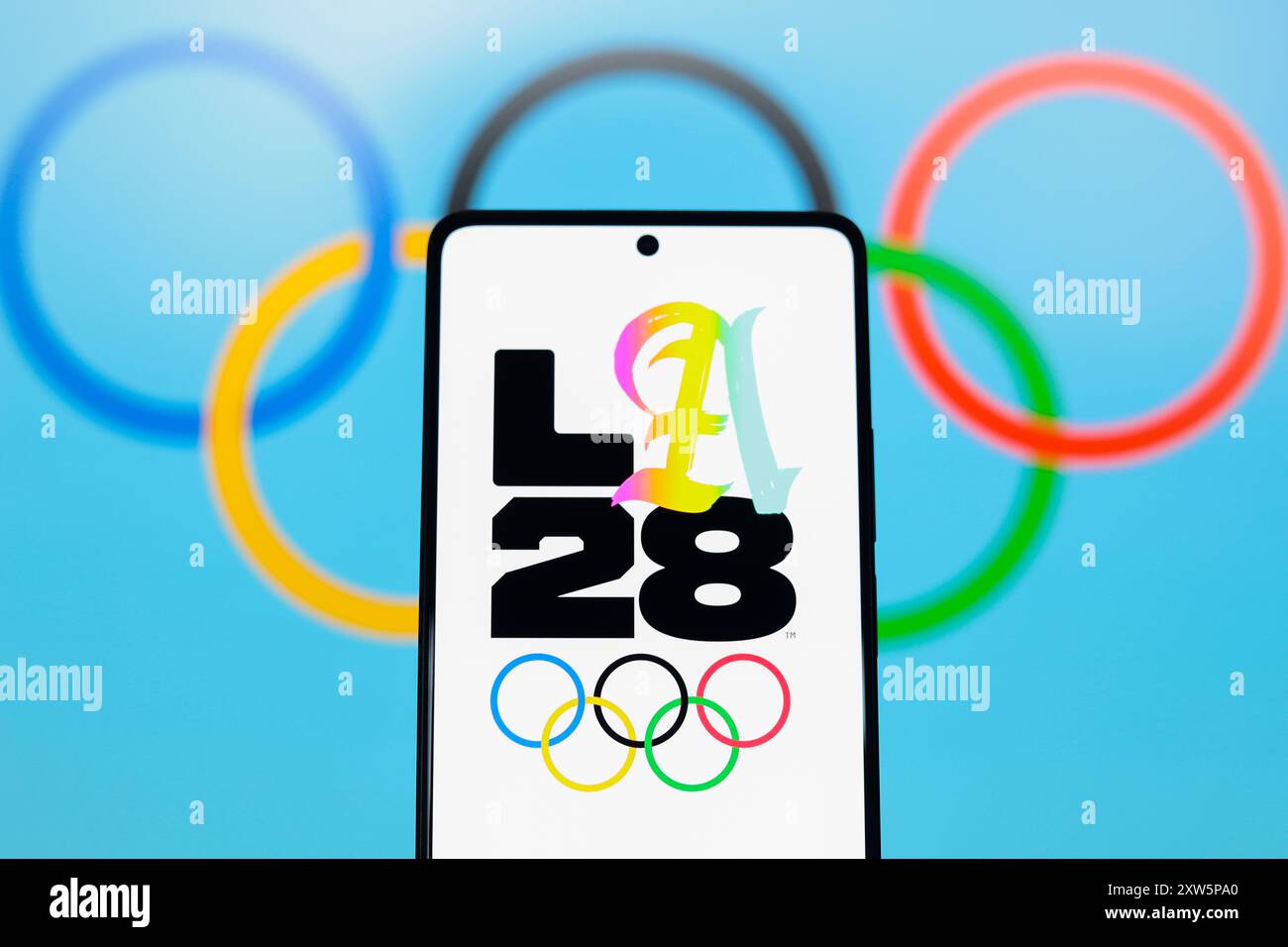 In this photo illustration, the 2028 Summer Olympics Games - Los Angeles 2028 (LA 28) logo is ...