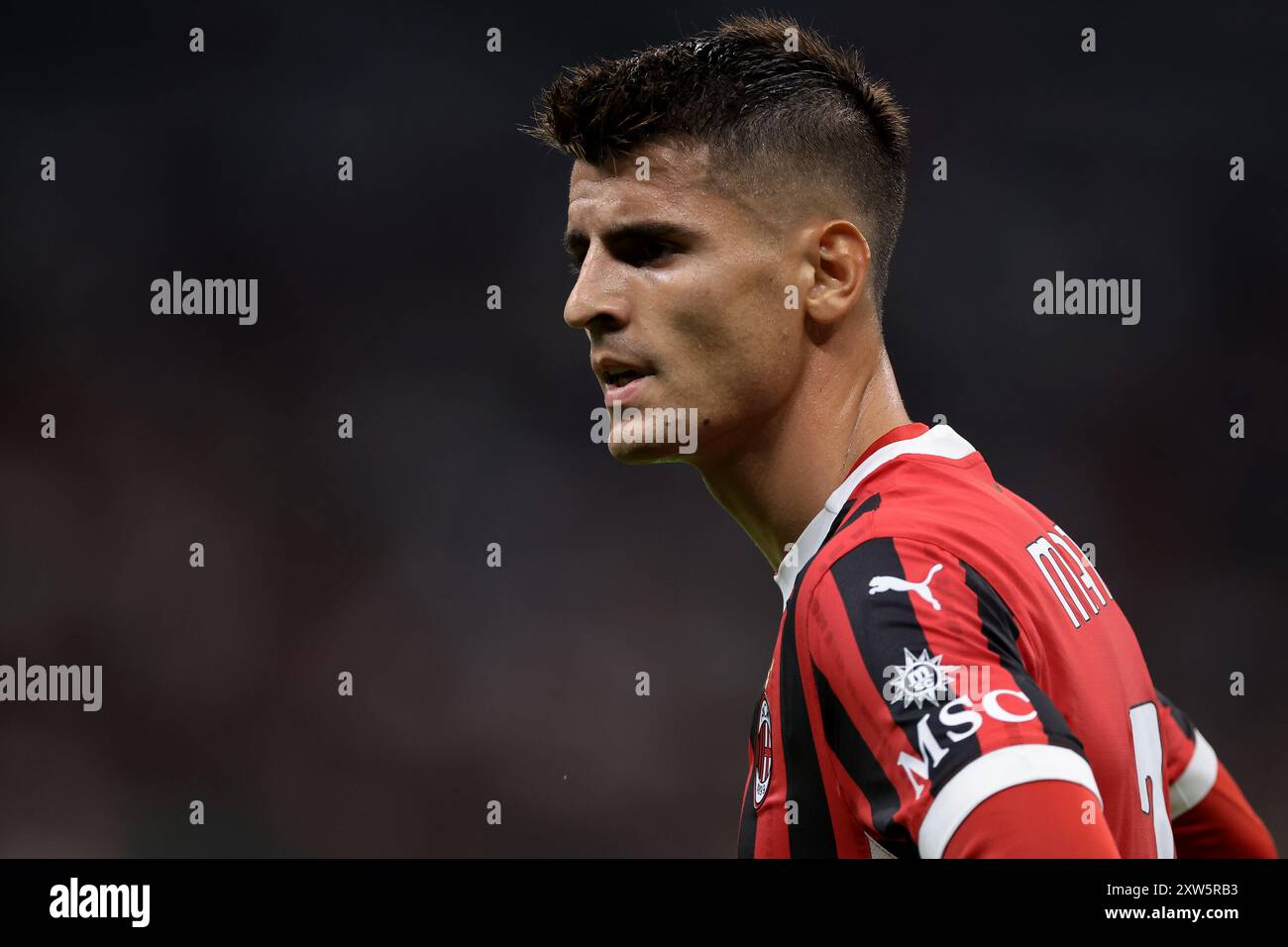 Milan, Italy. 17th Aug, 2024. Alvaro Morata of AC Milan reacts during the Serie A match at ...