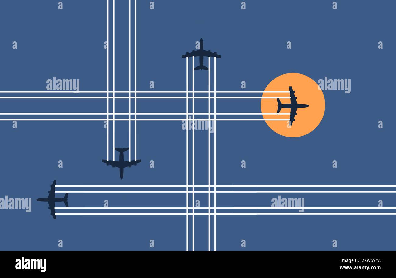 Busy air traffic is illustrated with jet airliners crossing vapor ...