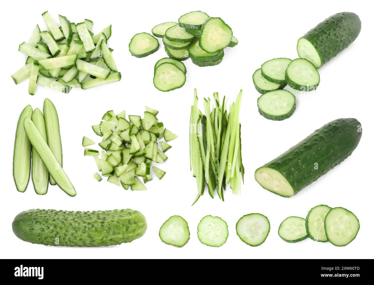 Fresh cucumbers isolated on white, collage. Different types of cuts ...