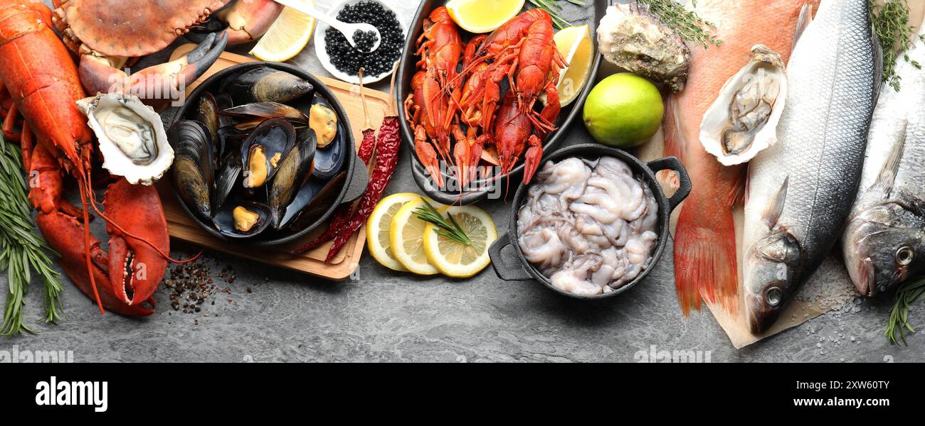 Many different fresh sea food on grey table, flat lay. Banner design ...