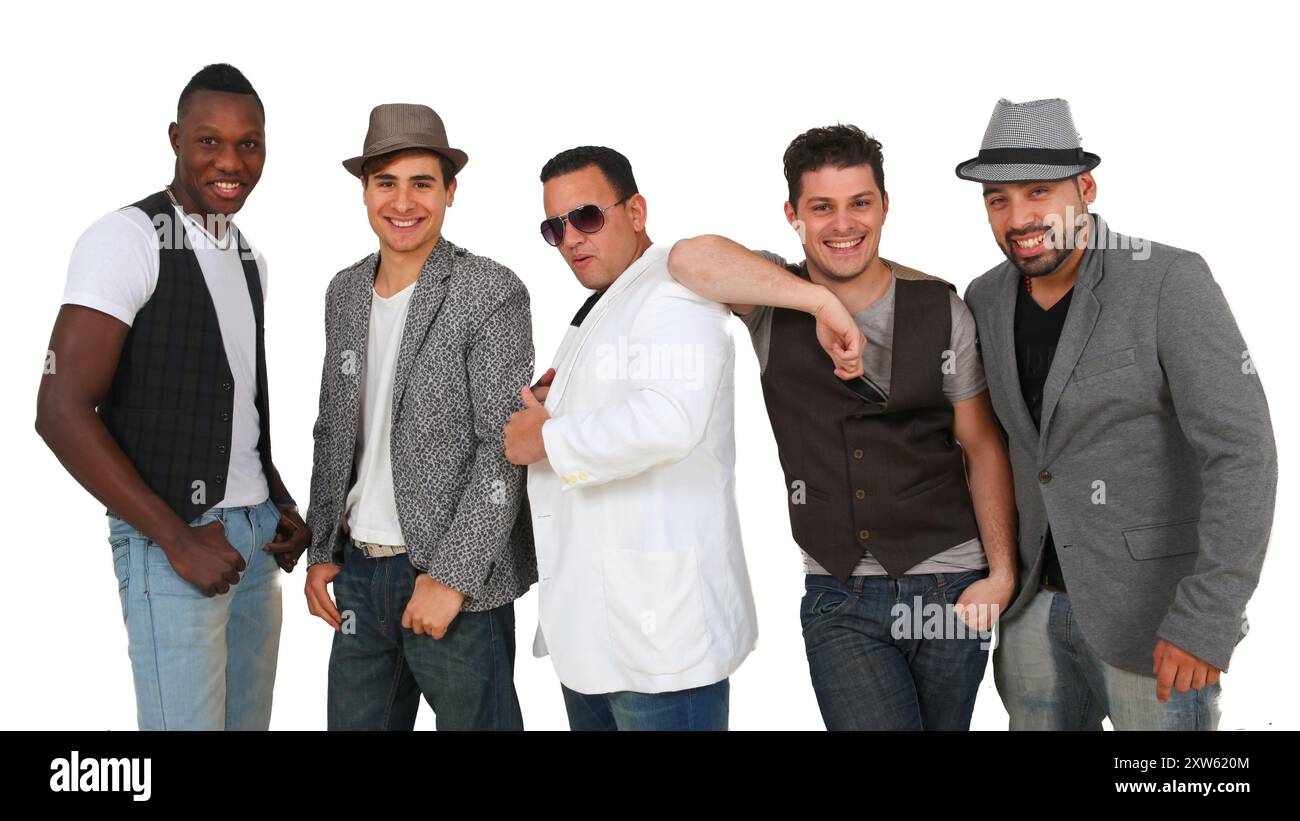 multiethnic group of cheerful stylish men on white background Stock ...