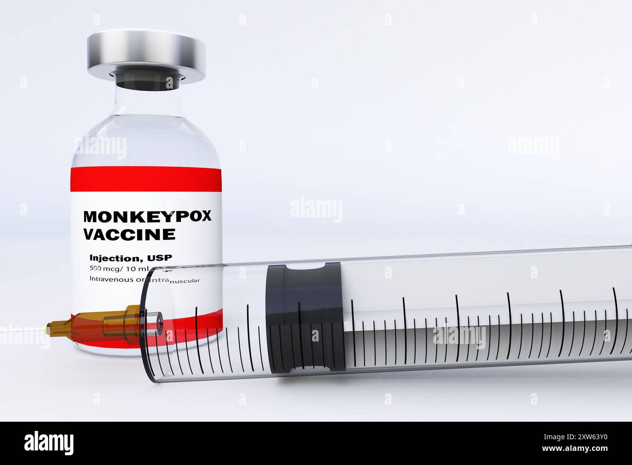 Spectacular bottle Monkeypox Vaccine with a syringe on a white ...