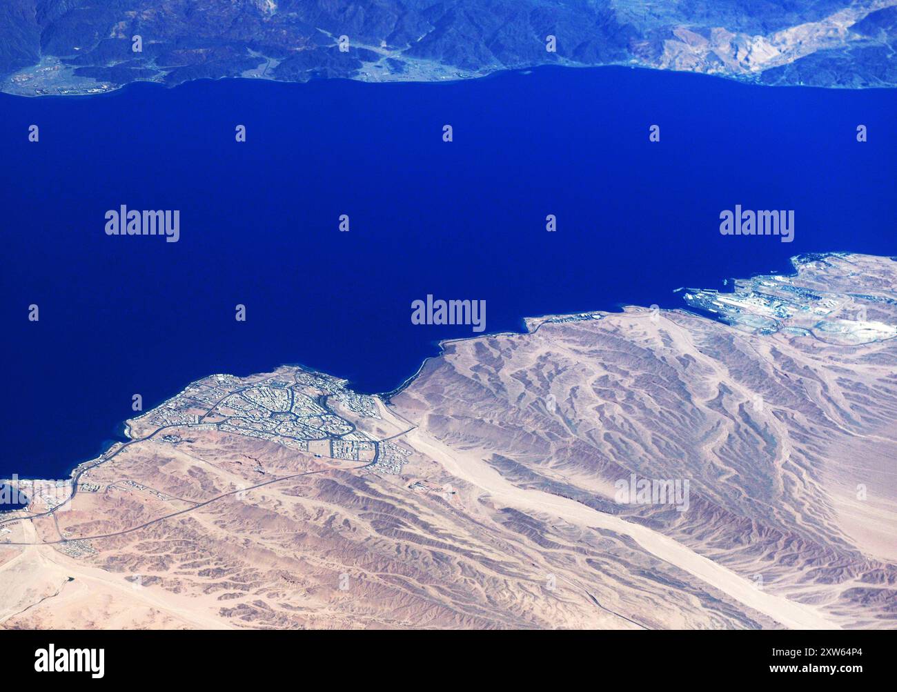 Aerial view of the Gulf of Aqaba and the Saudi and Jordanian coastline ...