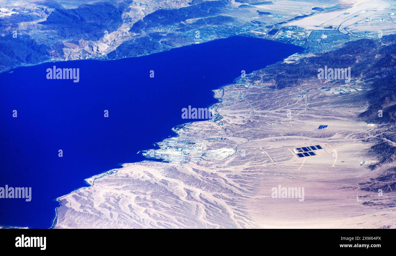 Aerial view of the Gulf of Aqaba and the Saudi and Jordanian coastline ...