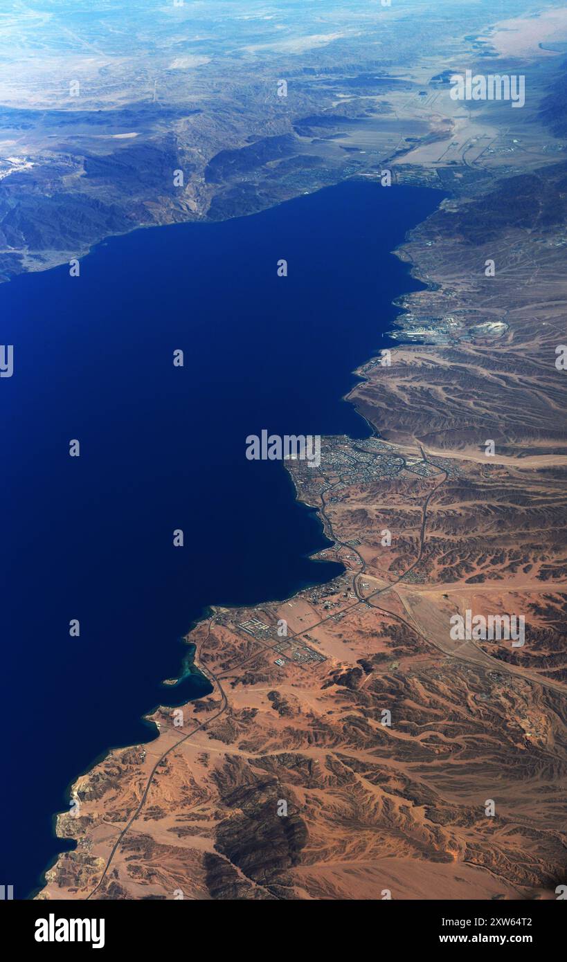 Aerial view of the Gulf of Aqaba and the Saudi and Jordanian coastline ...