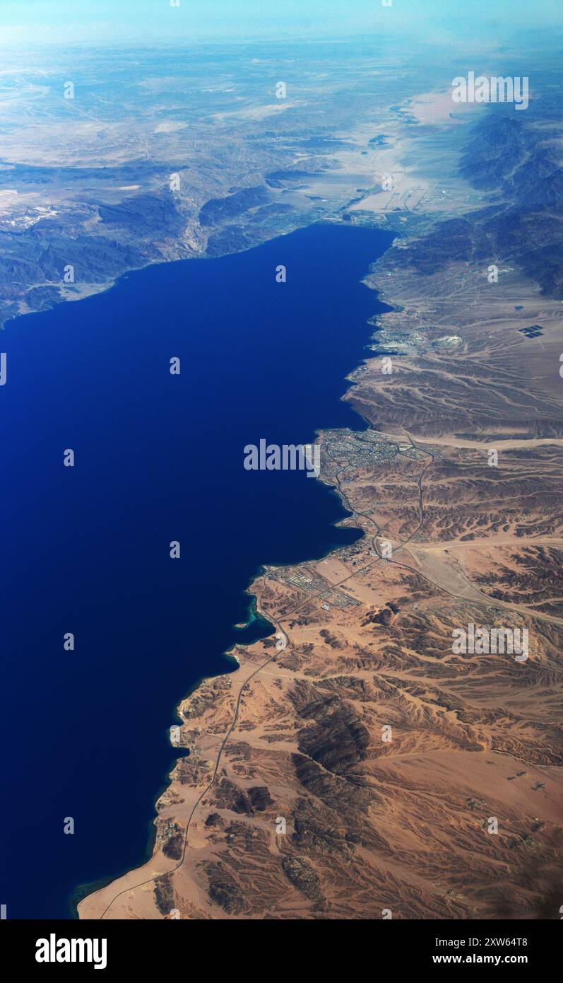 Aerial view of the Gulf of Aqaba and the Saudi and Jordanian coastline ...