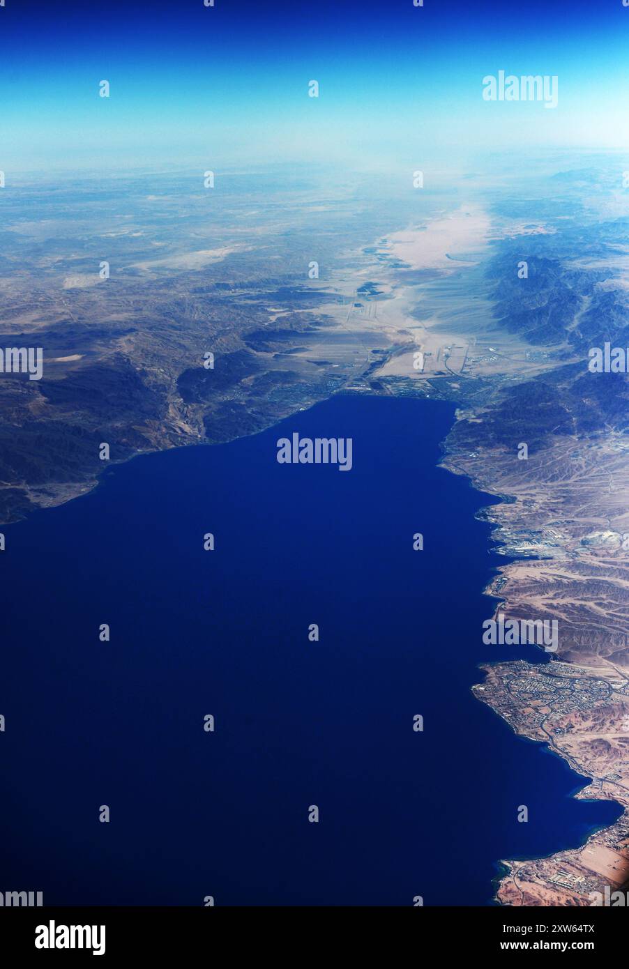 Aerial view of the Gulf of Aqaba and the Saudi and Jordanian coastline ...