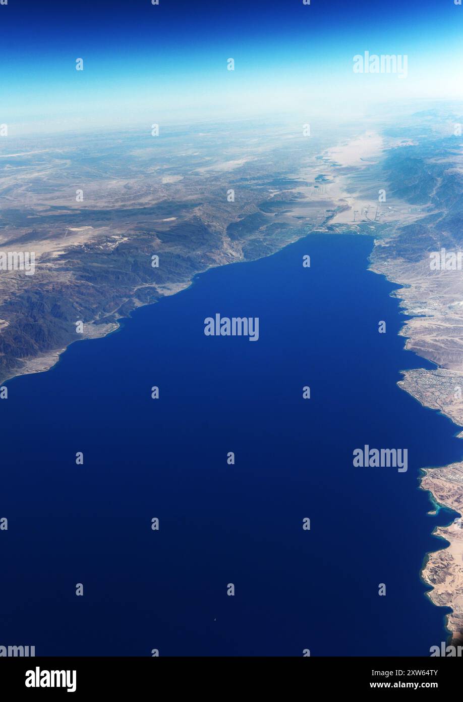 Aerial view of the Gulf of Aqaba and the Saudi and Jordanian coastline ...