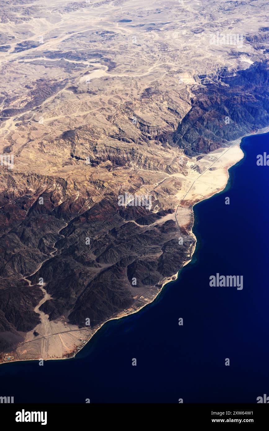 Aerial view of the Egyptian coastline in the Nuweiba area in the Sinai ...