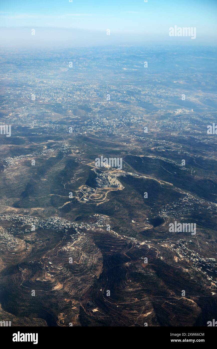 Aerial view or Rawabi city with the Ramallah region in the background ...