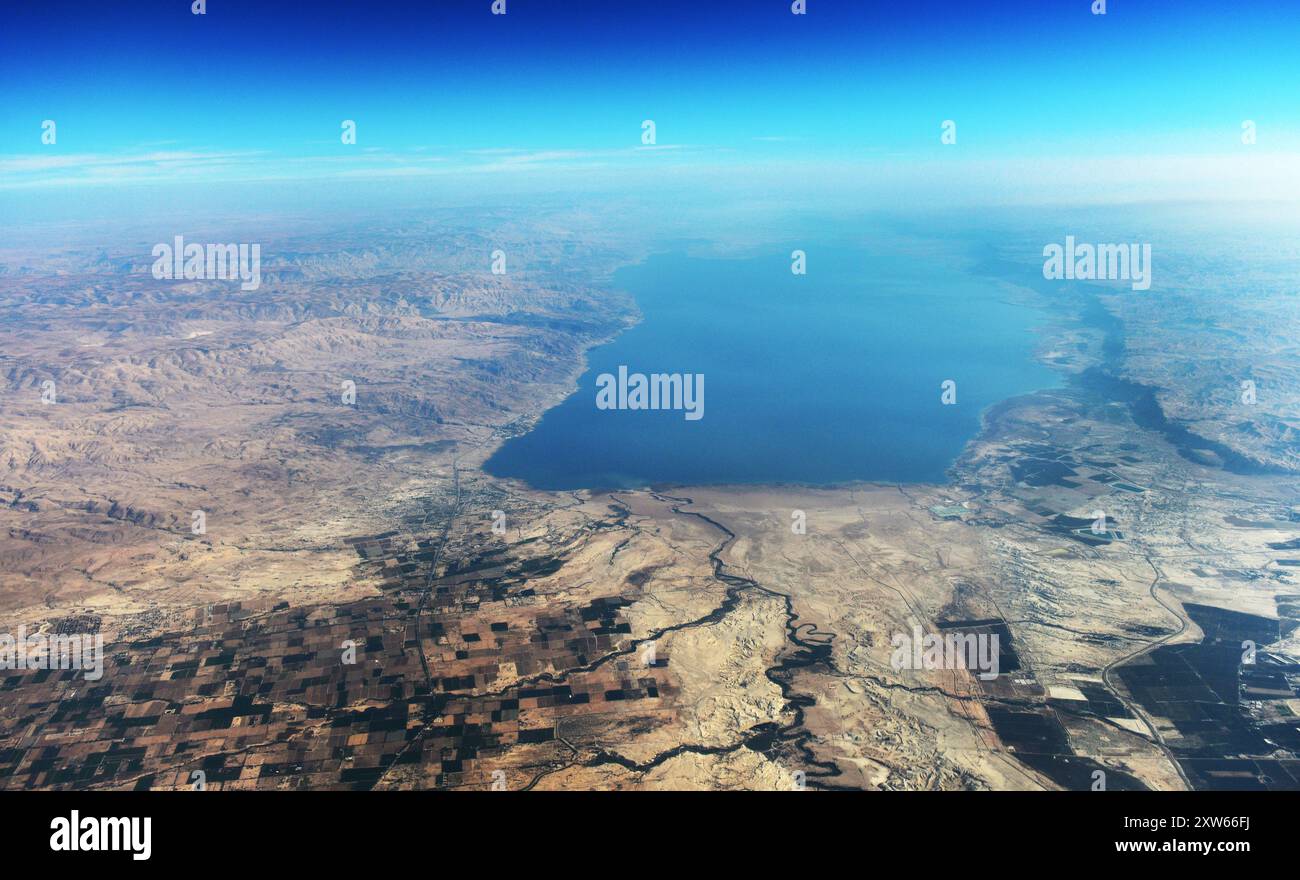 An aerial view of the Jordan river and the Dead Sea in Jordan and ...