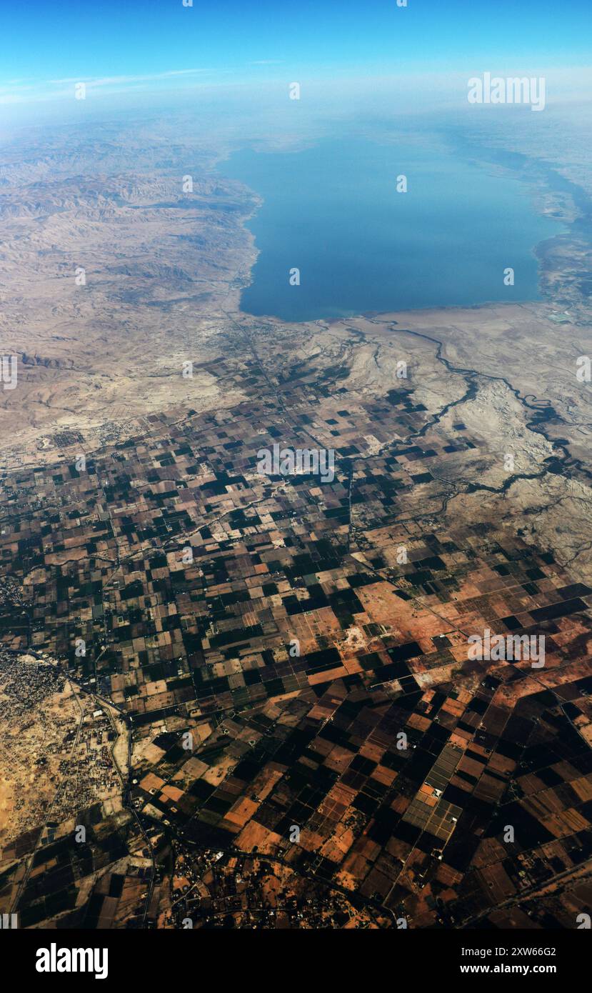 An aerial view of the Jordan river and the Dead Sea in Jordan and ...