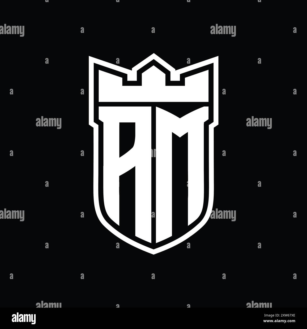 AM Letter logo with shield shape with geometric crown inside white ...